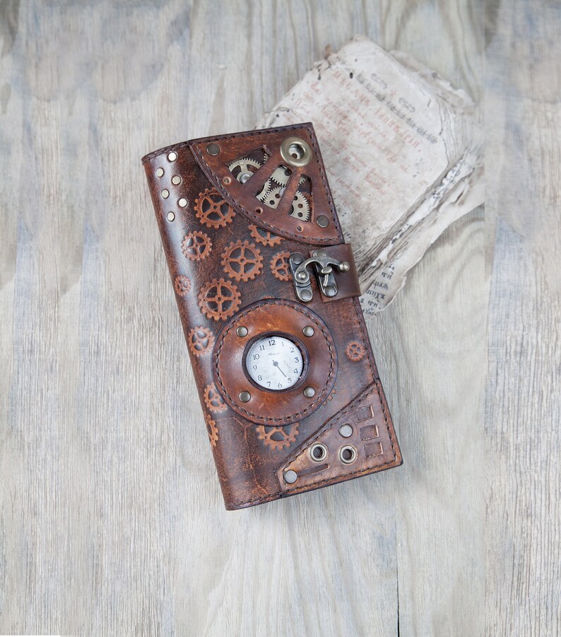 Steampunk hand bag leather wallet with parts of a mechanical | Etsy
