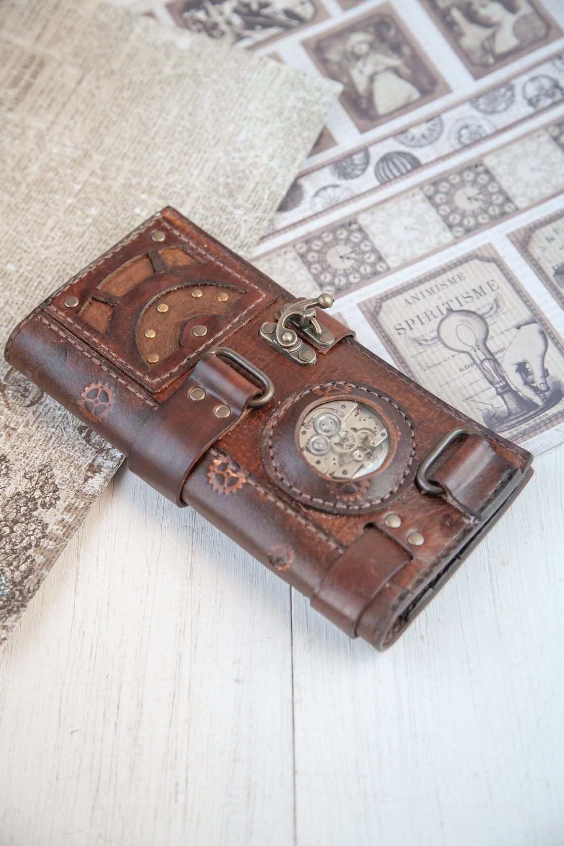 Steampunk leather wallet with parts of a mechanical watch | Etsy