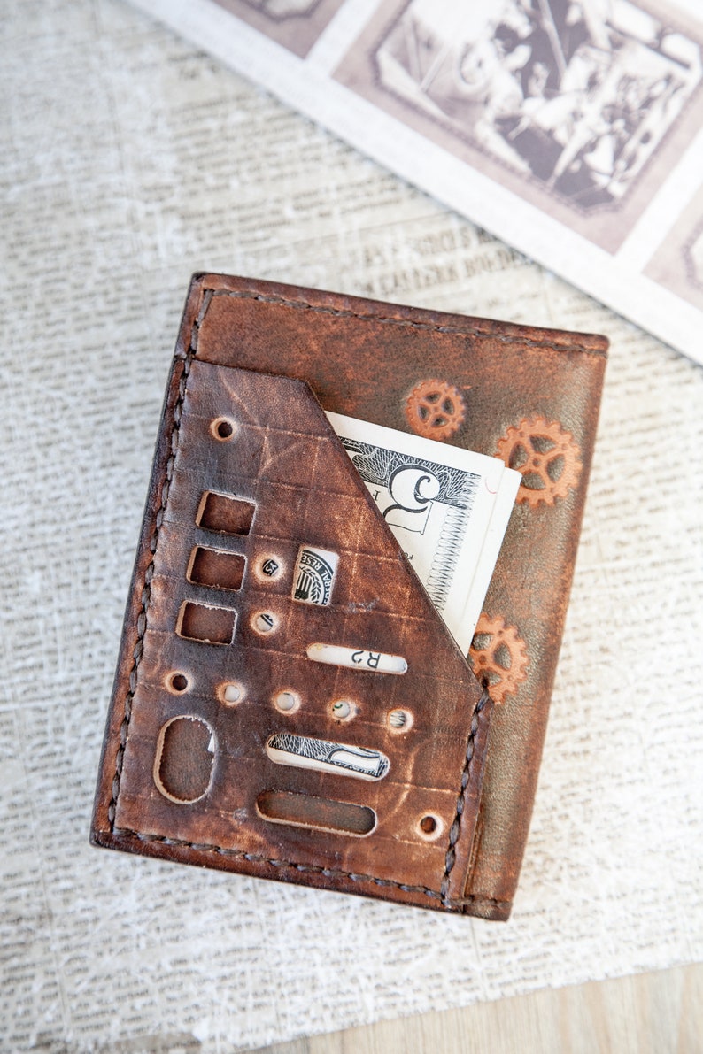Steampunk small wallet Leather credit card holder Minimalist | Etsy
