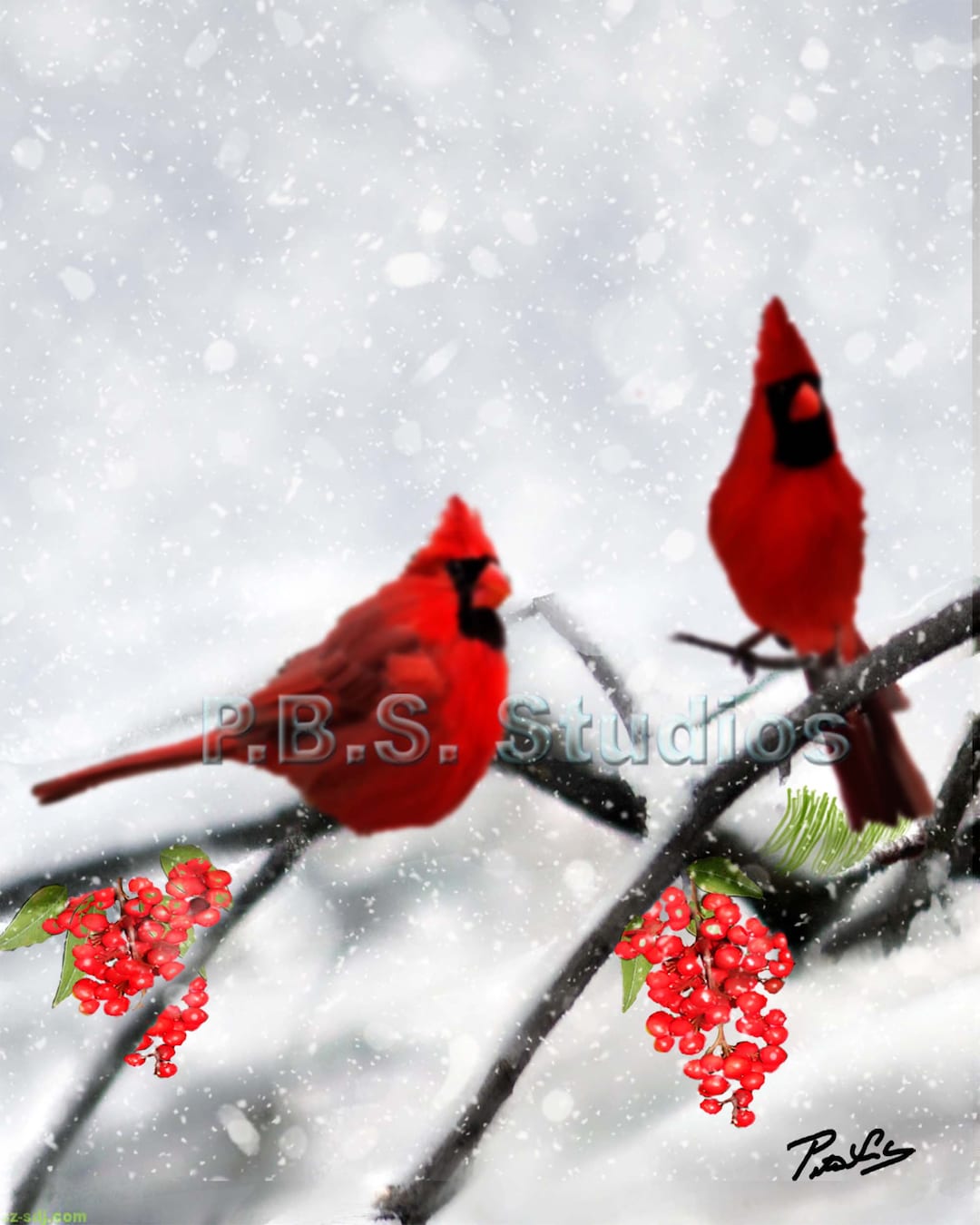 Two Cardinal in the Winter - Digital Photo-painting Print - Matted ...