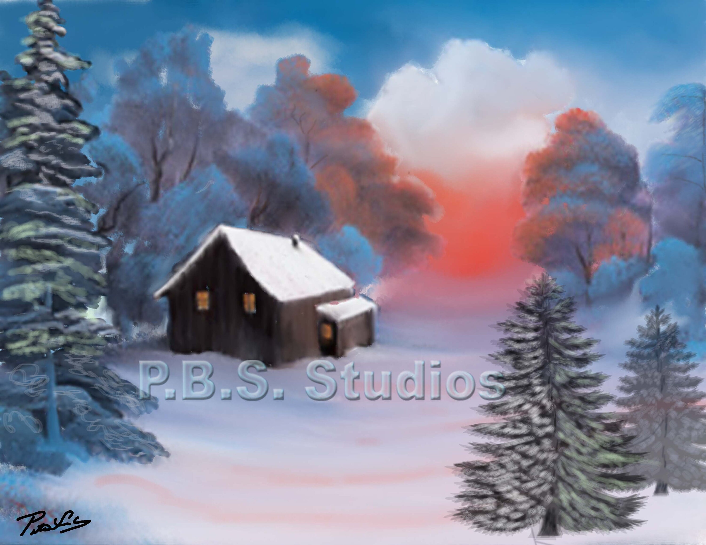 Winter Morning With Cabin - Digital Photo-painting Print - Matted ...