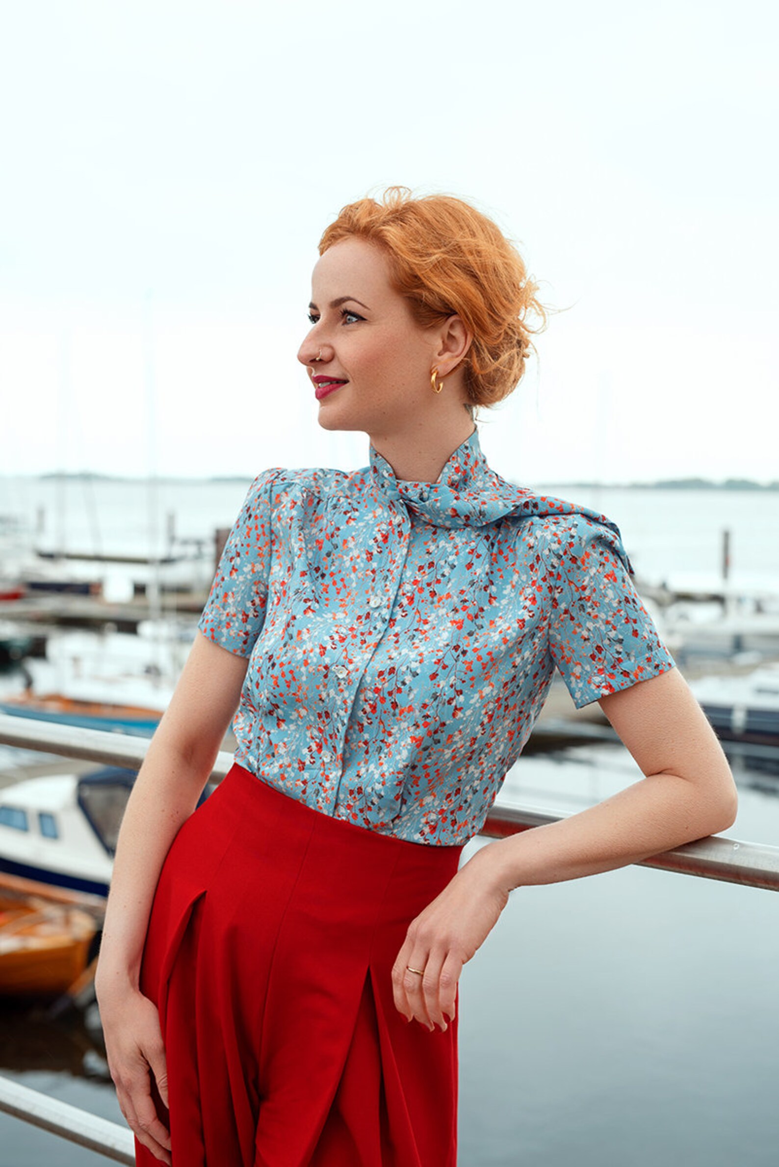 40s Blouse Romy Blue Flowers - Etsy