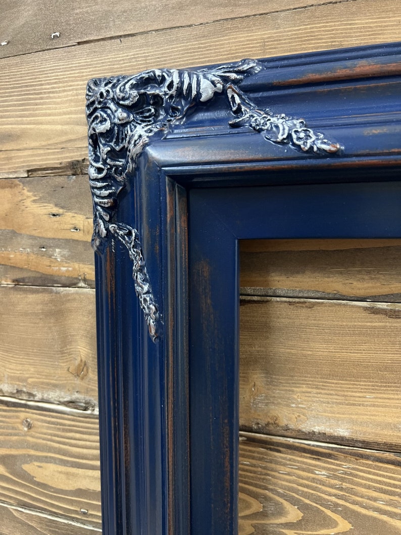 Classic Ornate Wood Frame, DISTRESSED BLUE With SILVER Leaf Accents ...