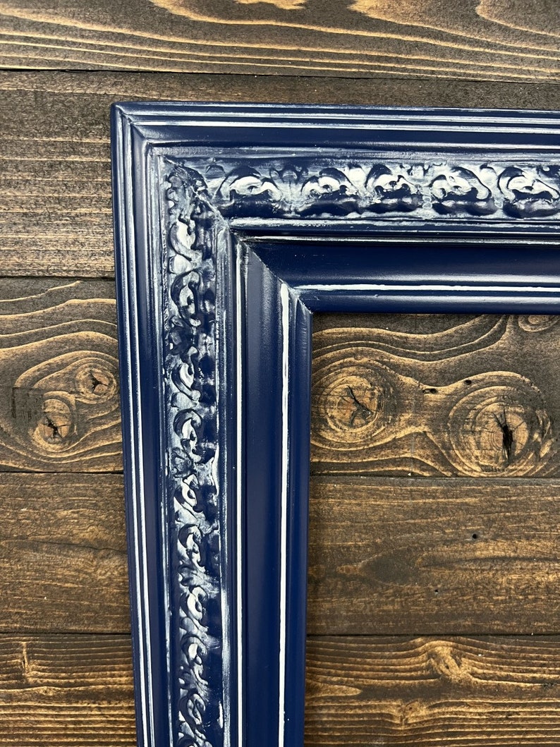 Custom Wood Frame With Ornate Trim. Distressed Blue, Blue Frame,oil ...