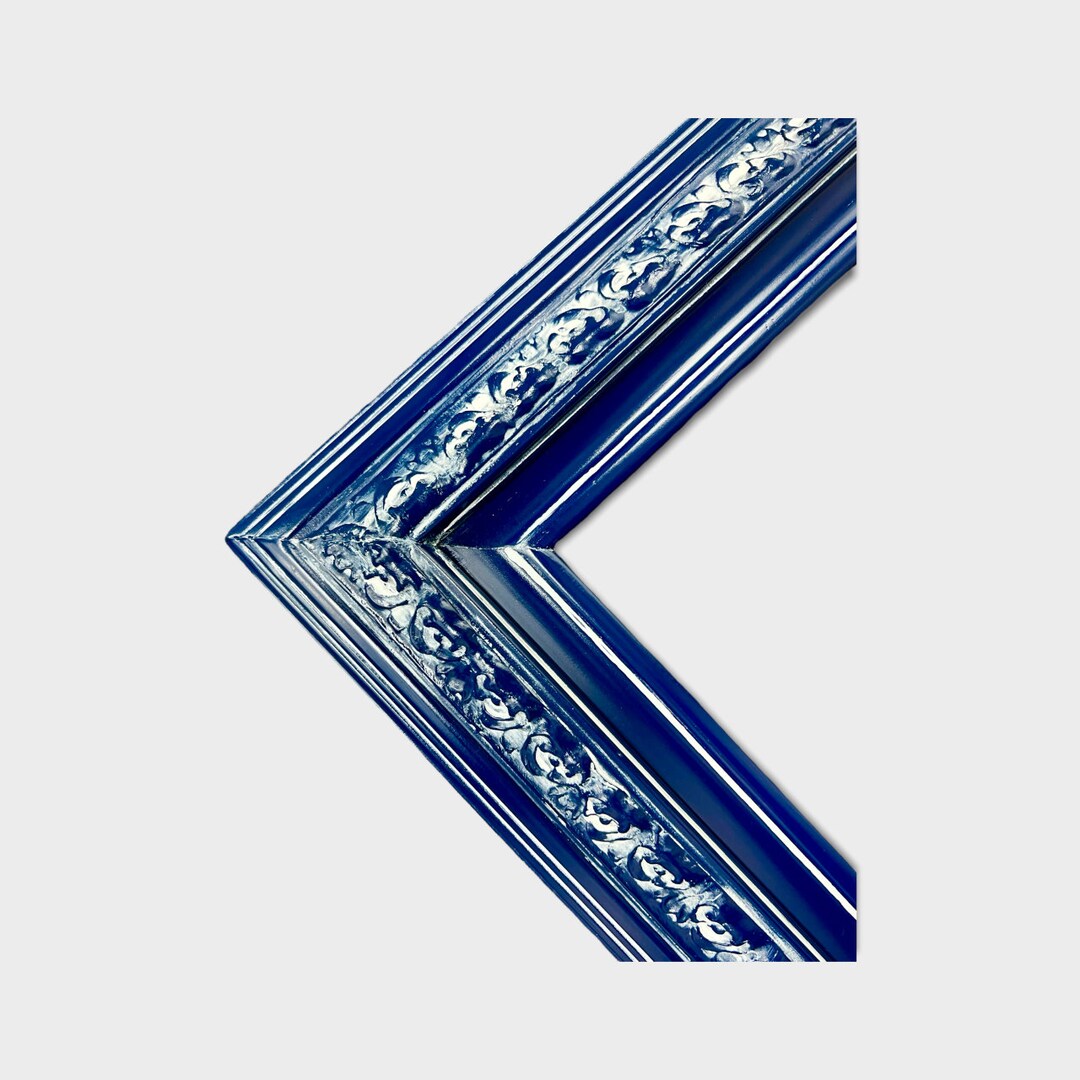 Custom Wood Frame With Ornate Trim. Distressed Blue, Blue Frame,oil ...