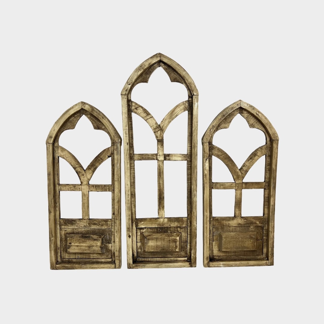 Set of 3 Rustic Cathedral Wood Windows, PALLET WOOD, Rustic Wax, Church ...