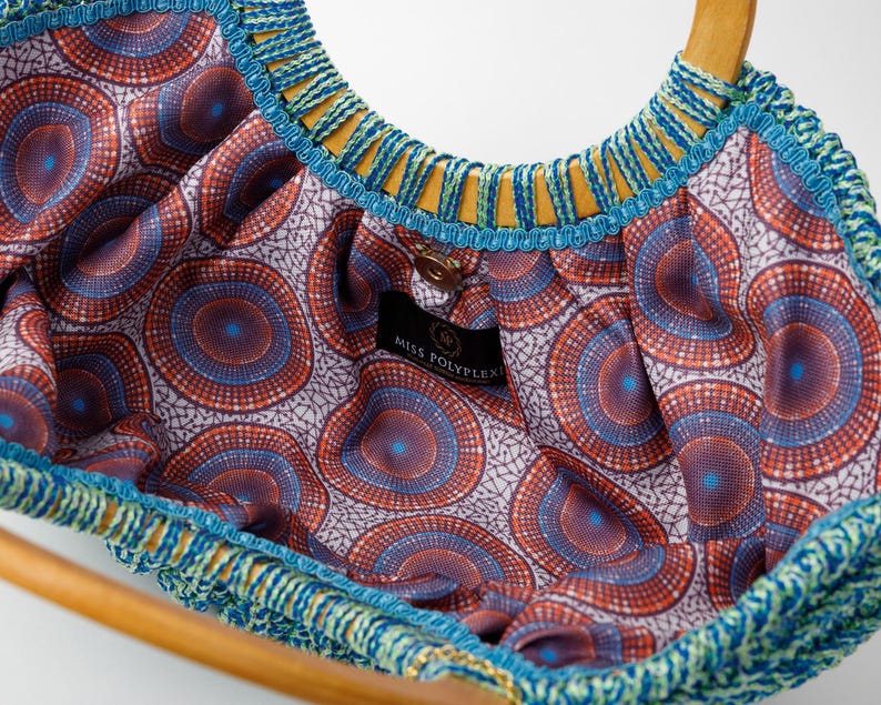 Hand Crocheted Half Moon Bag With Wooden Circular Handle, Unique Modern ...