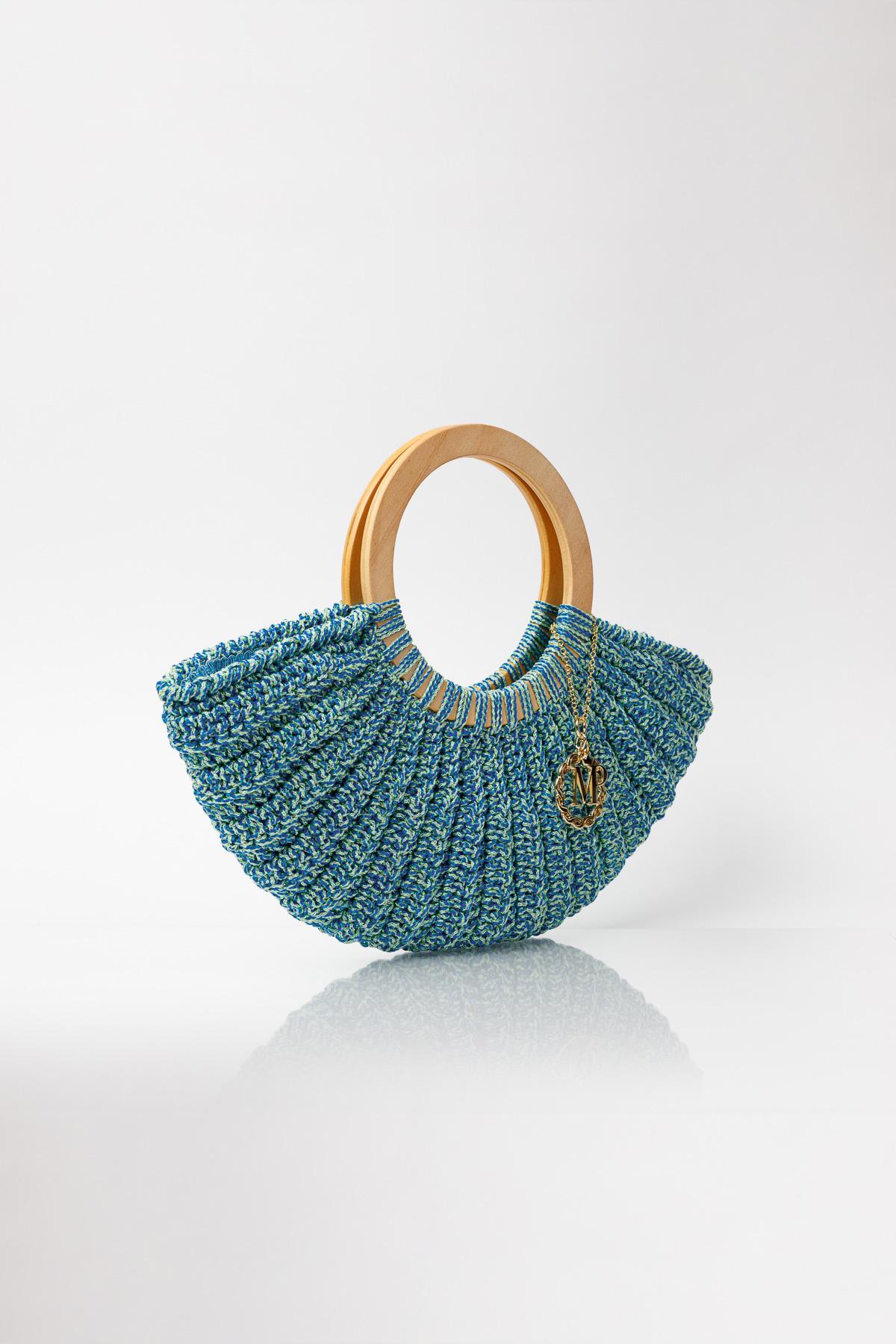Hand Crocheted Half Moon Bag With Wooden Circular Handle, Unique Modern ...