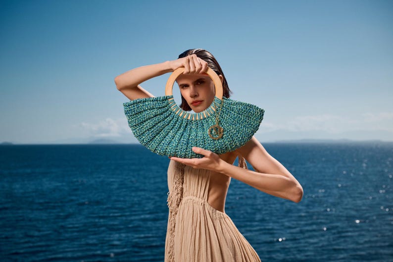 Hand Crocheted Half Moon Bag With Wooden Circular Handle, Unique Modern ...