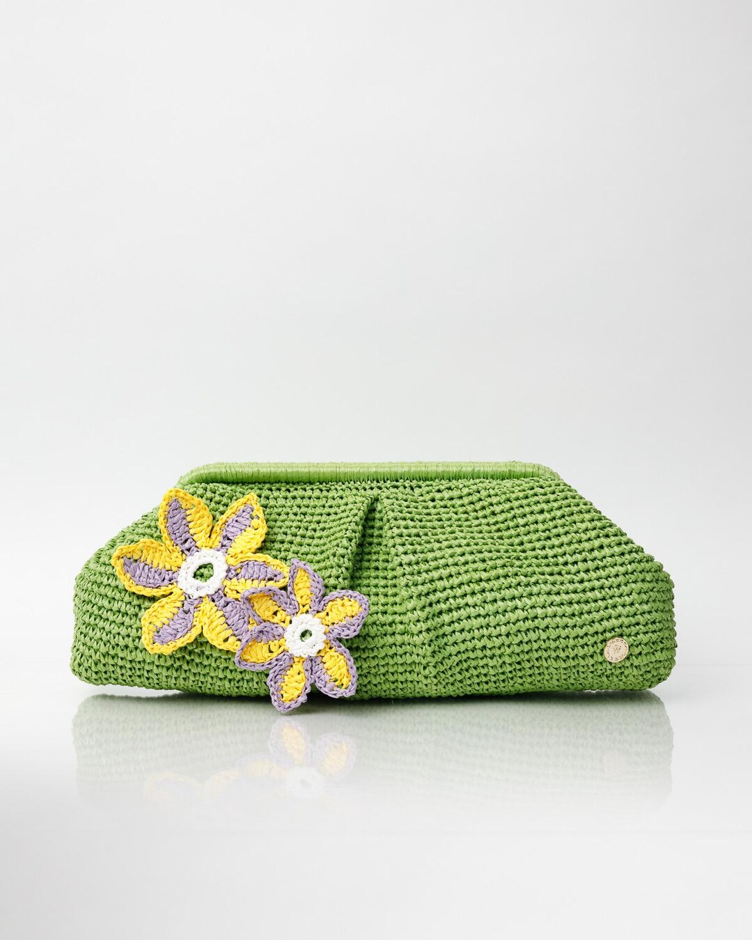 Handmade Crochet Raffia Green Pouch Bag With Flowers and Snap Closure ...