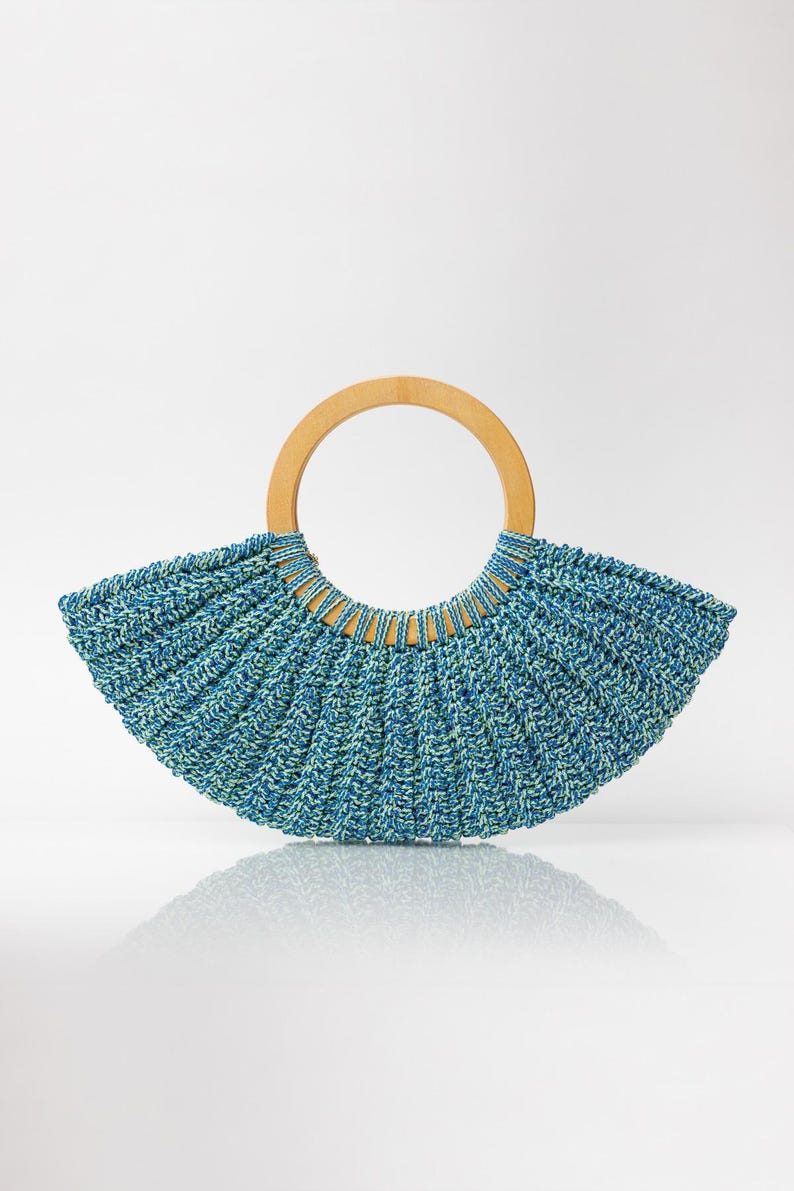Hand Crocheted Half Moon Bag With Wooden Circular Handle, Unique Modern ...