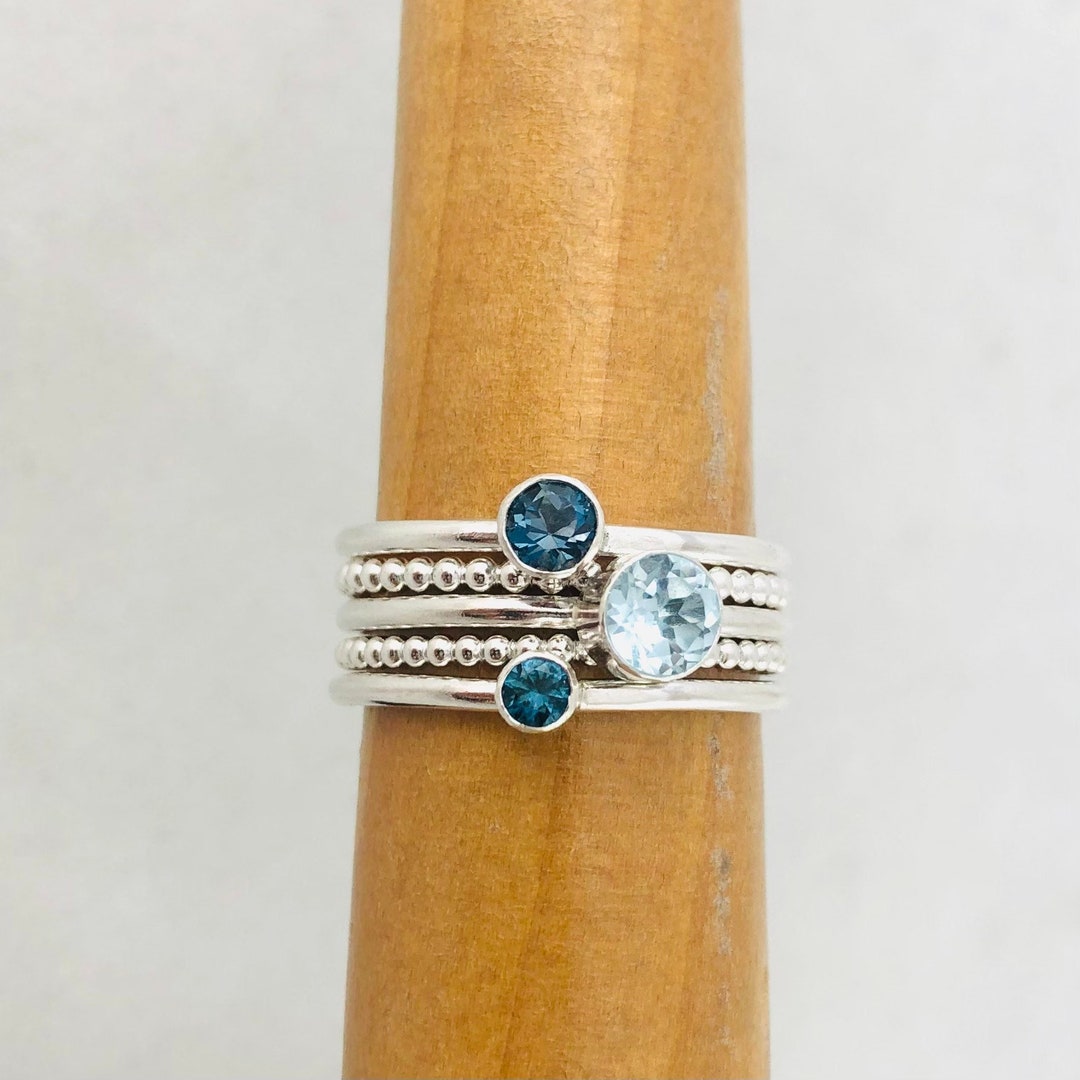Blue Topaz Stacking Rings, Set of 5 Sterling Silver & Faceted Gemstone ...