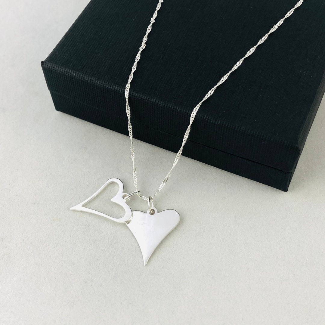 Silver Double Heart Necklace, Sterling Silver Perfect Couple Twin Heart ...