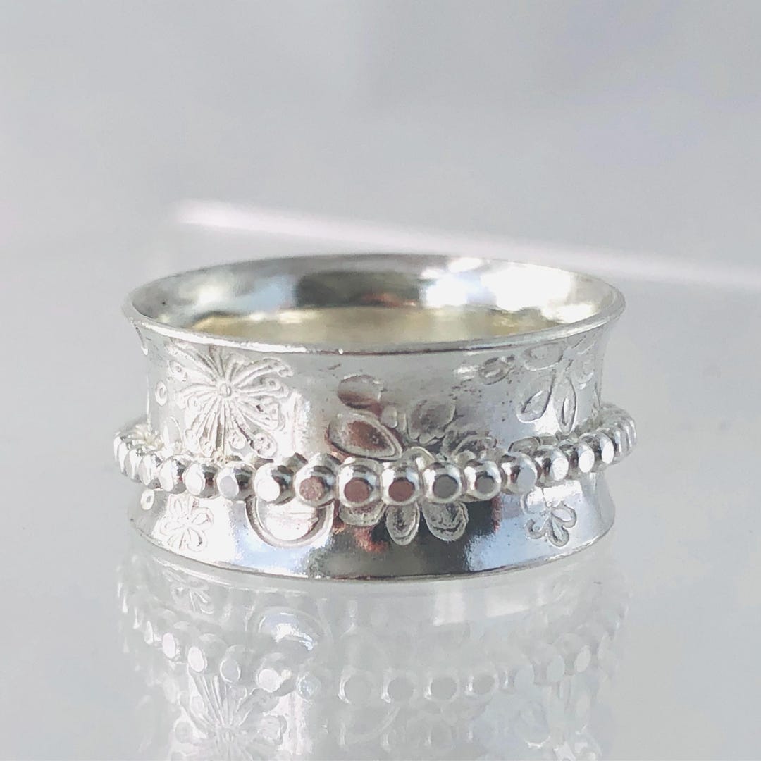 Silver Spinner Ring With Flower Pattern, Sterling Silver Fidget Ring ...