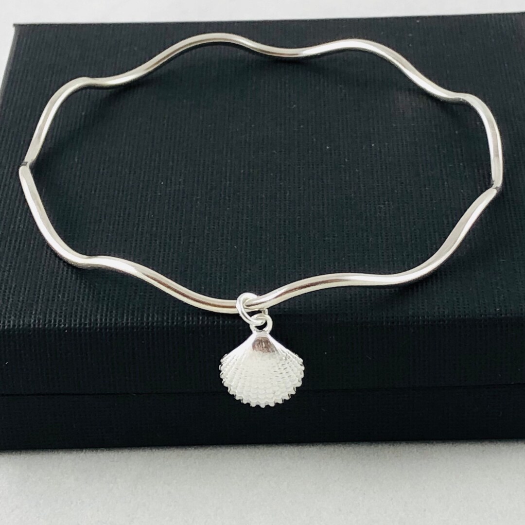 Sterling Silver Wave Bangle: Seashell Charm, Coastal Jewellery - Etsy