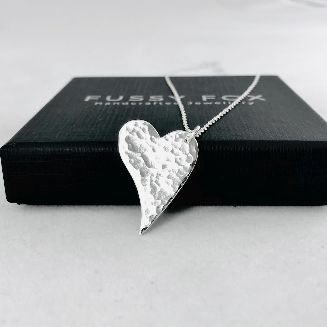 Silver Curved Heart Necklace, Sterling Silver Hammered Heart Pendant ...