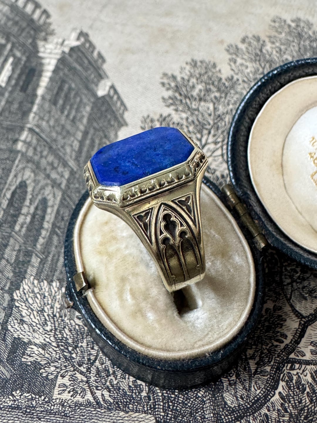Art Deco Gothic Lapis Signet Ring by Larter and Sons - Etsy