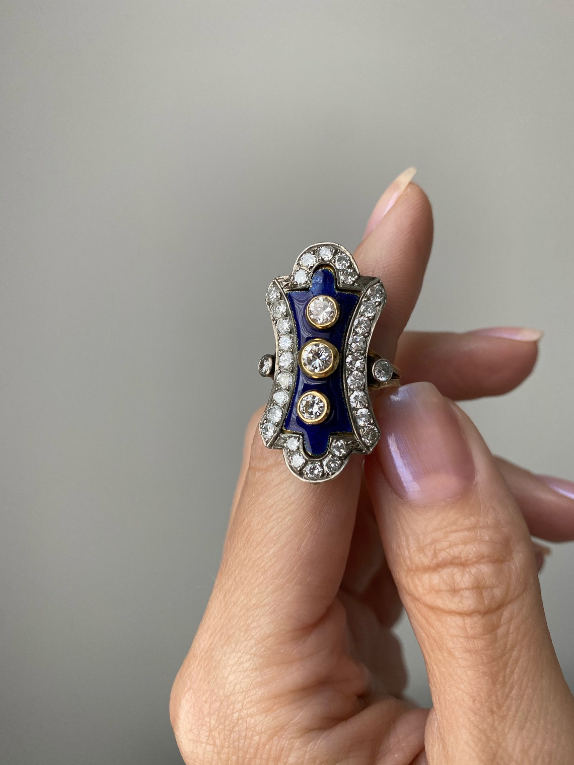 Vintage 18K Blue Enamel and Diamond Ring - Etsy