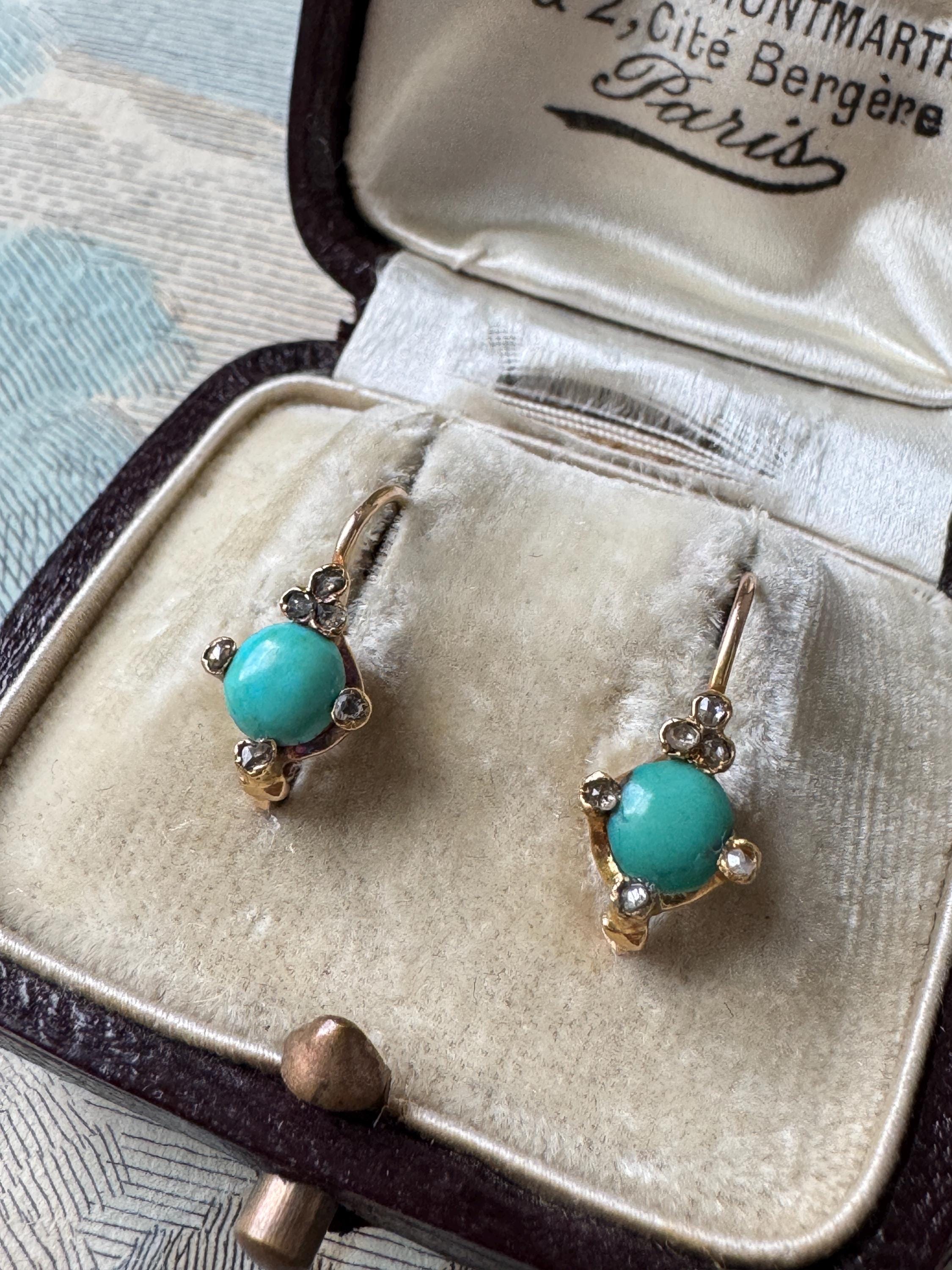 Antique 18K Turquoise and Rose Cut Diamond Dormeuse Earrings - Etsy