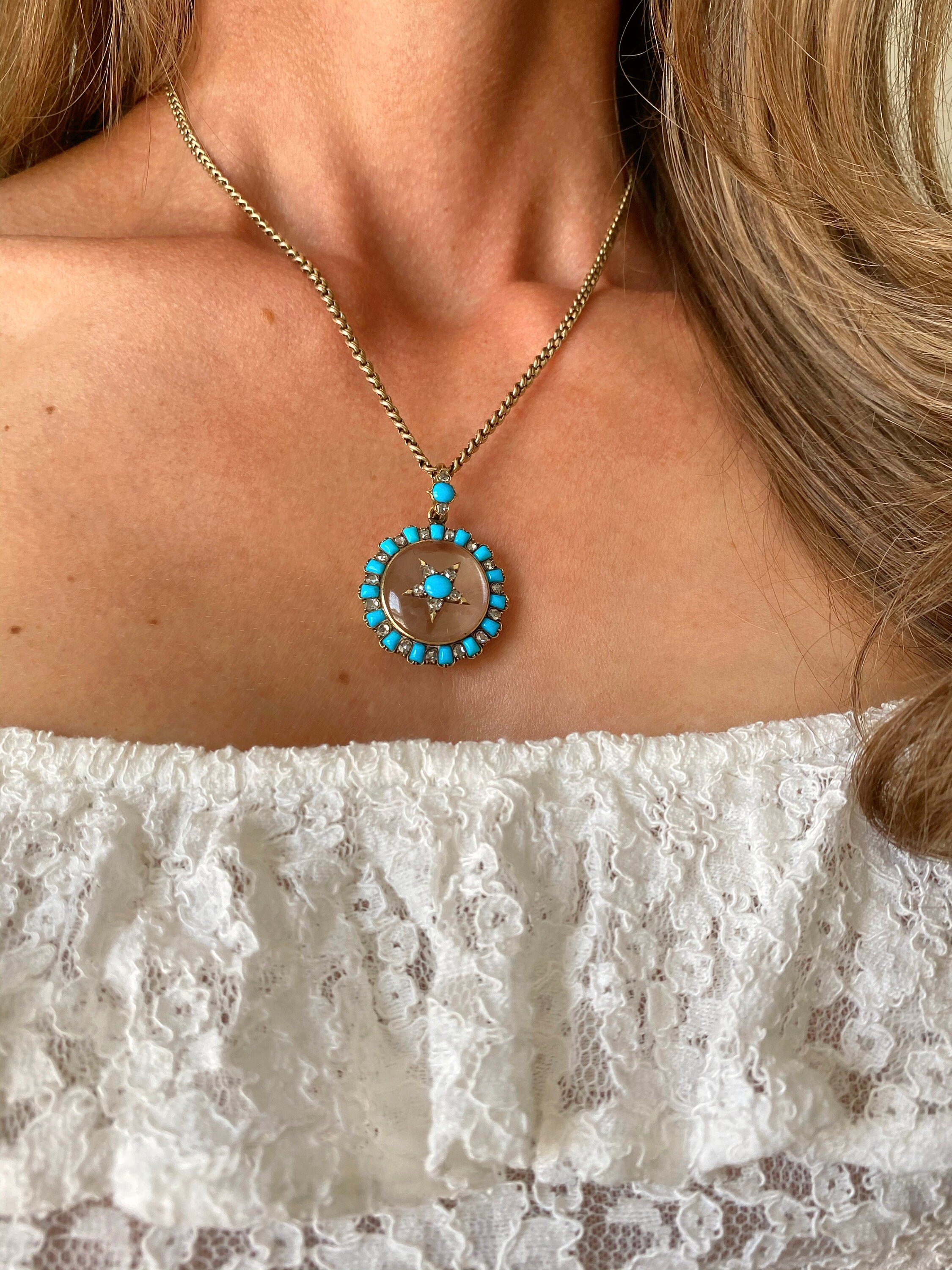 Antique Victorian 18K Rock Crystal, Turquoise and Diamond Star Locket ...