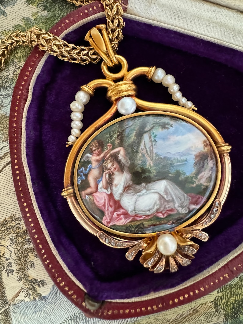 Late 19th C Enamel Miniature Pendant Necklace of Cupid and Psyche With ...