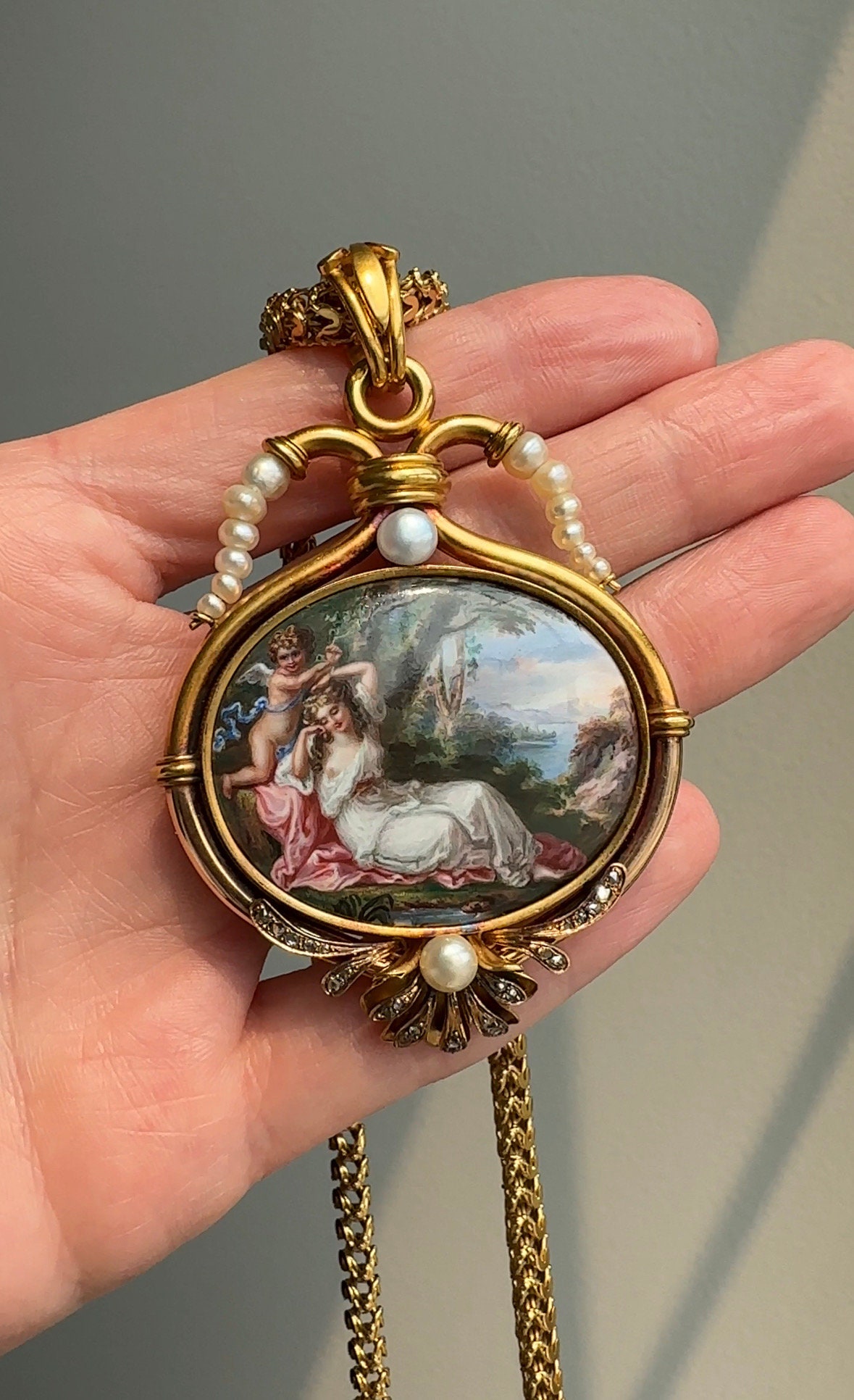 Late 19th C Enamel Miniature Pendant Necklace of Cupid and Psyche With ...
