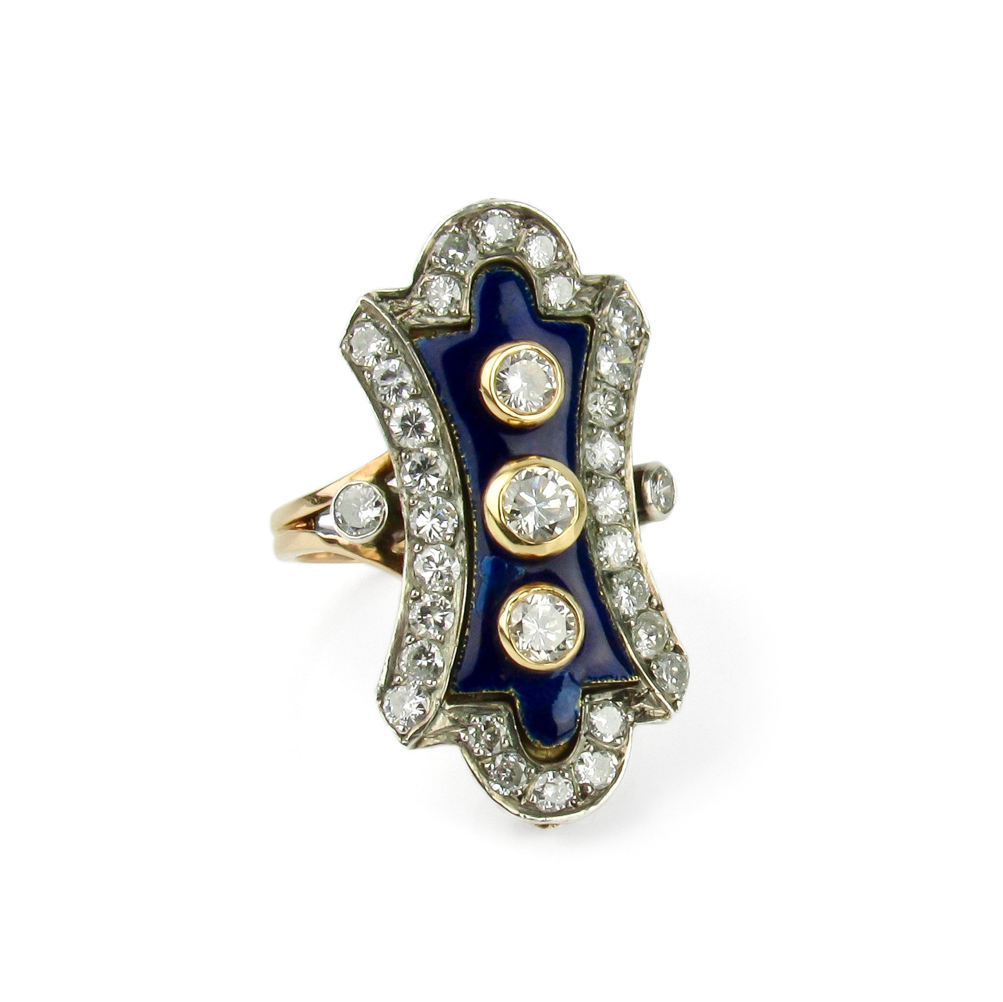 Vintage 18K Blue Enamel and Diamond Ring - Etsy