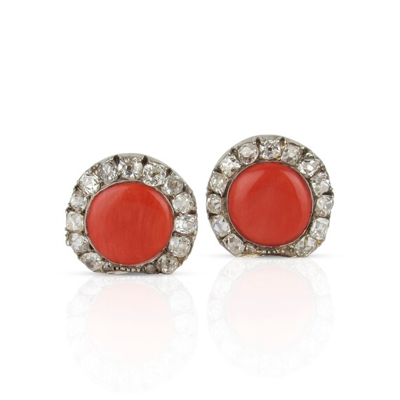 Antique Salmon Coral and Old Cut Diamond "Shell" Conv… - Gem