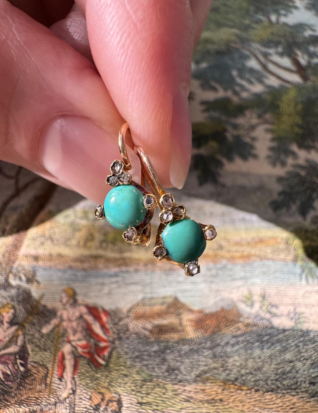 Antique 18K Turquoise and Rose Cut Diamond Dormeuse Earrings - Etsy