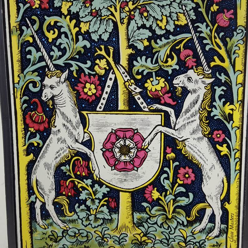 Vintage Stained Glass Suncatcher Medieval Unicorns Old World Artwork ...