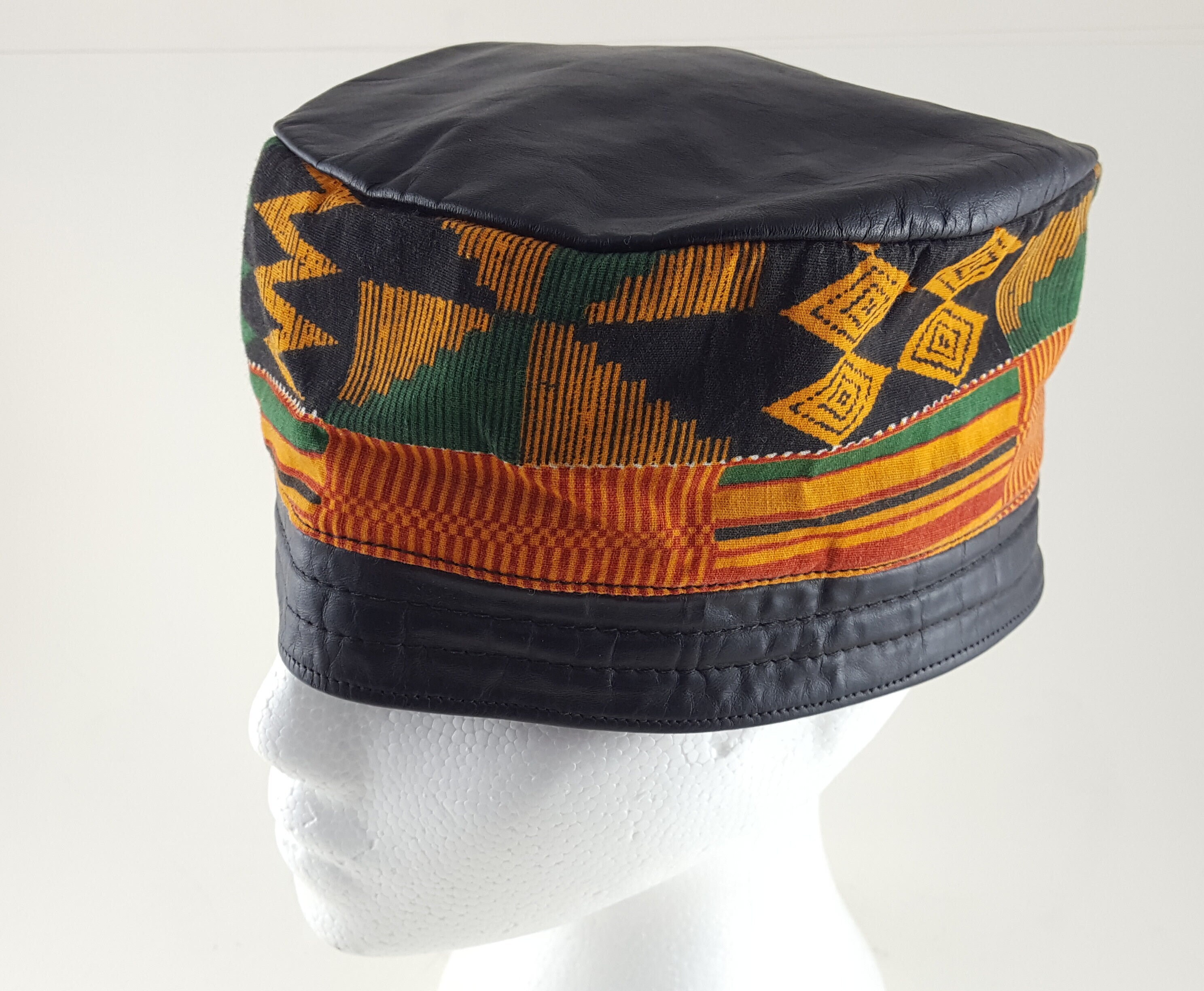 Vintage 80's / 90's Genuine Leather and Fabric Kufi Skull Hat Cap Hip ...