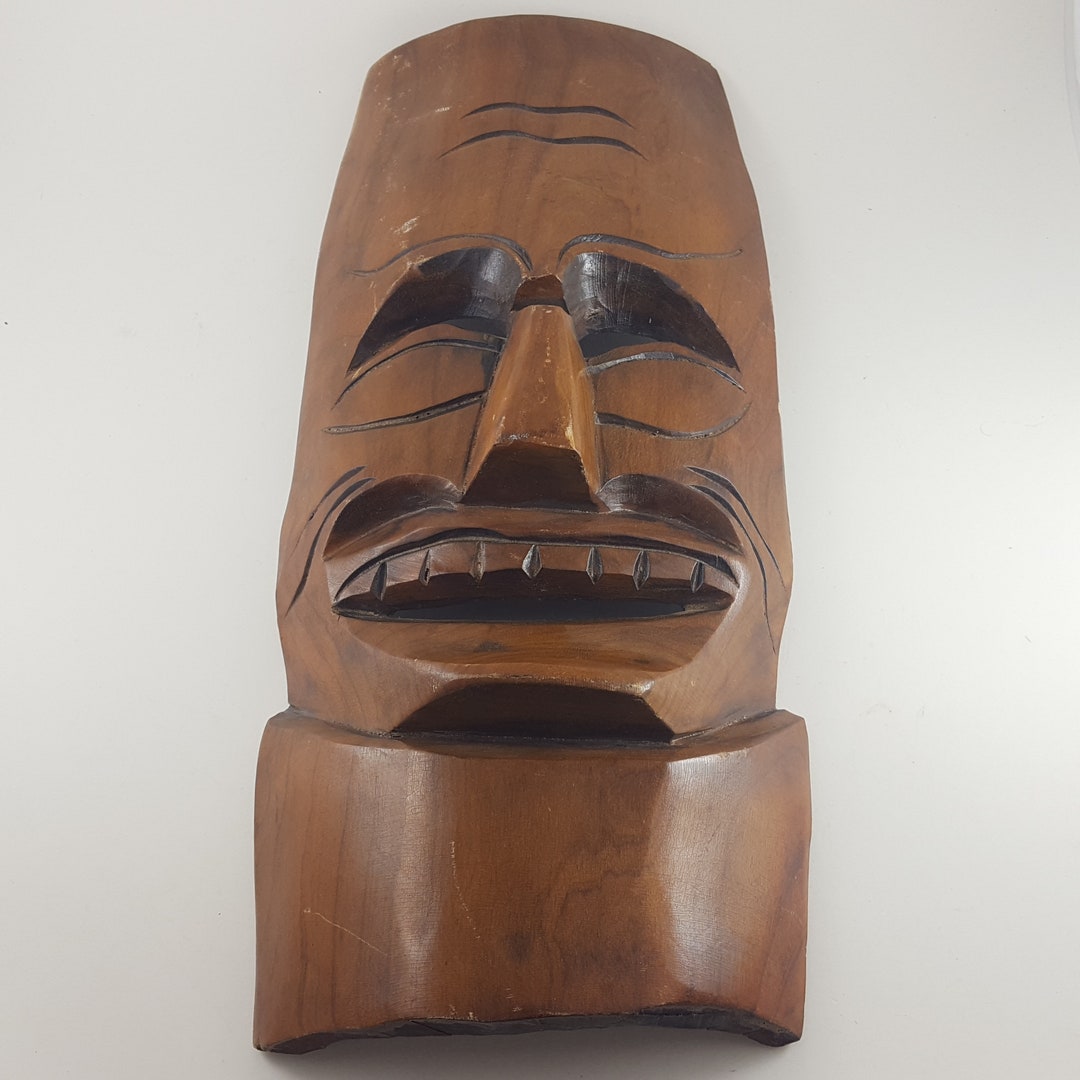 Vintage MCM Hand Carved Tiki Mask - Wall Hanging - Extra Large 18.5 ...