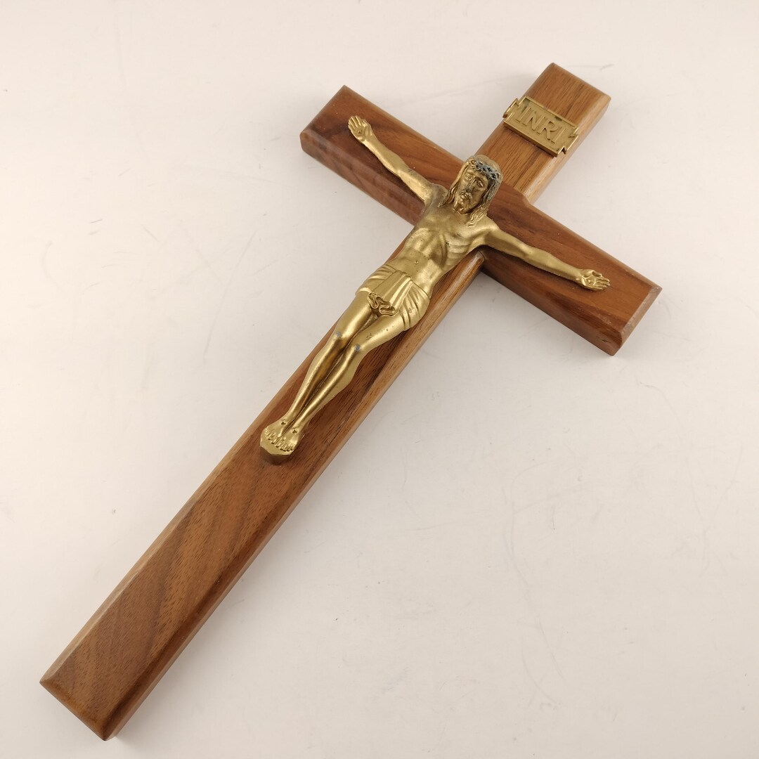 Vintage Wood and Metal Crucifix - Large 12" Tall - INRI Plaque - Marian ...