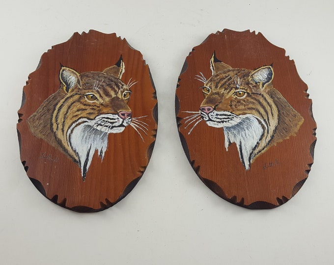 Vintage Rustic Hand Painted Bobcat Wood Plaques - Wall Hanging Matching ...