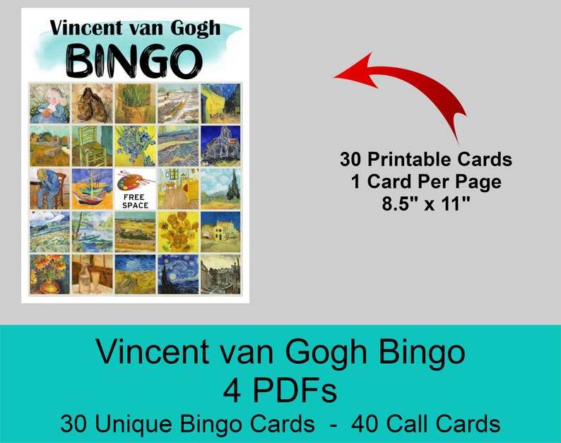 Printable Vincent Van Gogh Bingo Cards, 30 Unique Printable Cards, 1 ...