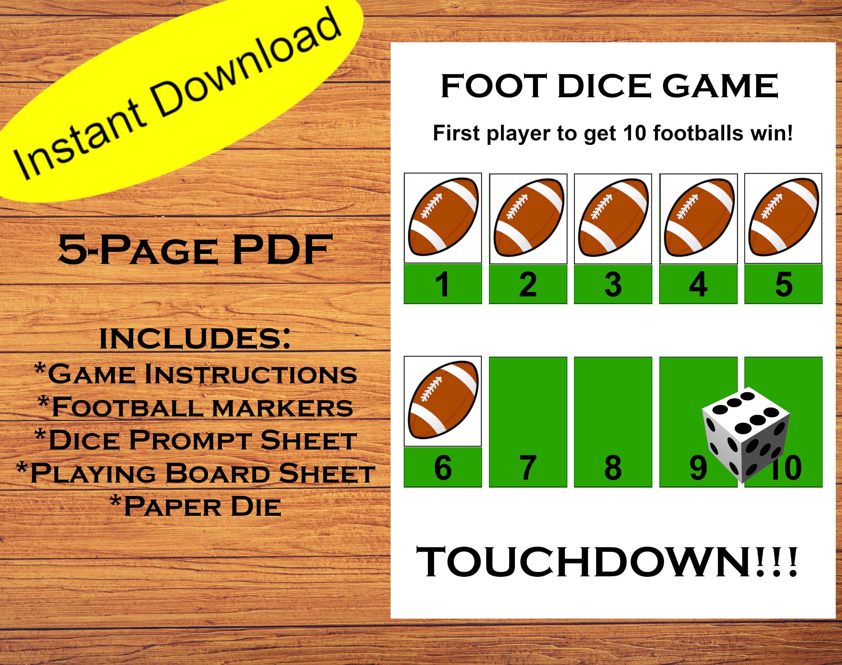 Printable Football Dice Game, Homeschool Activity, Classroom Game ...