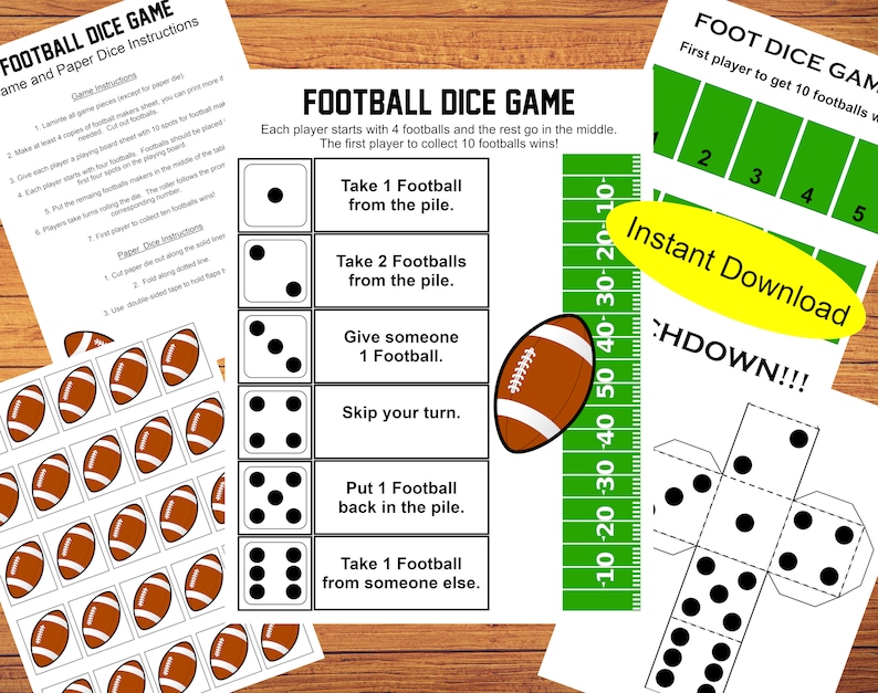 Printable Football Dice Game, Homeschool Activity, Classroom Game ...
