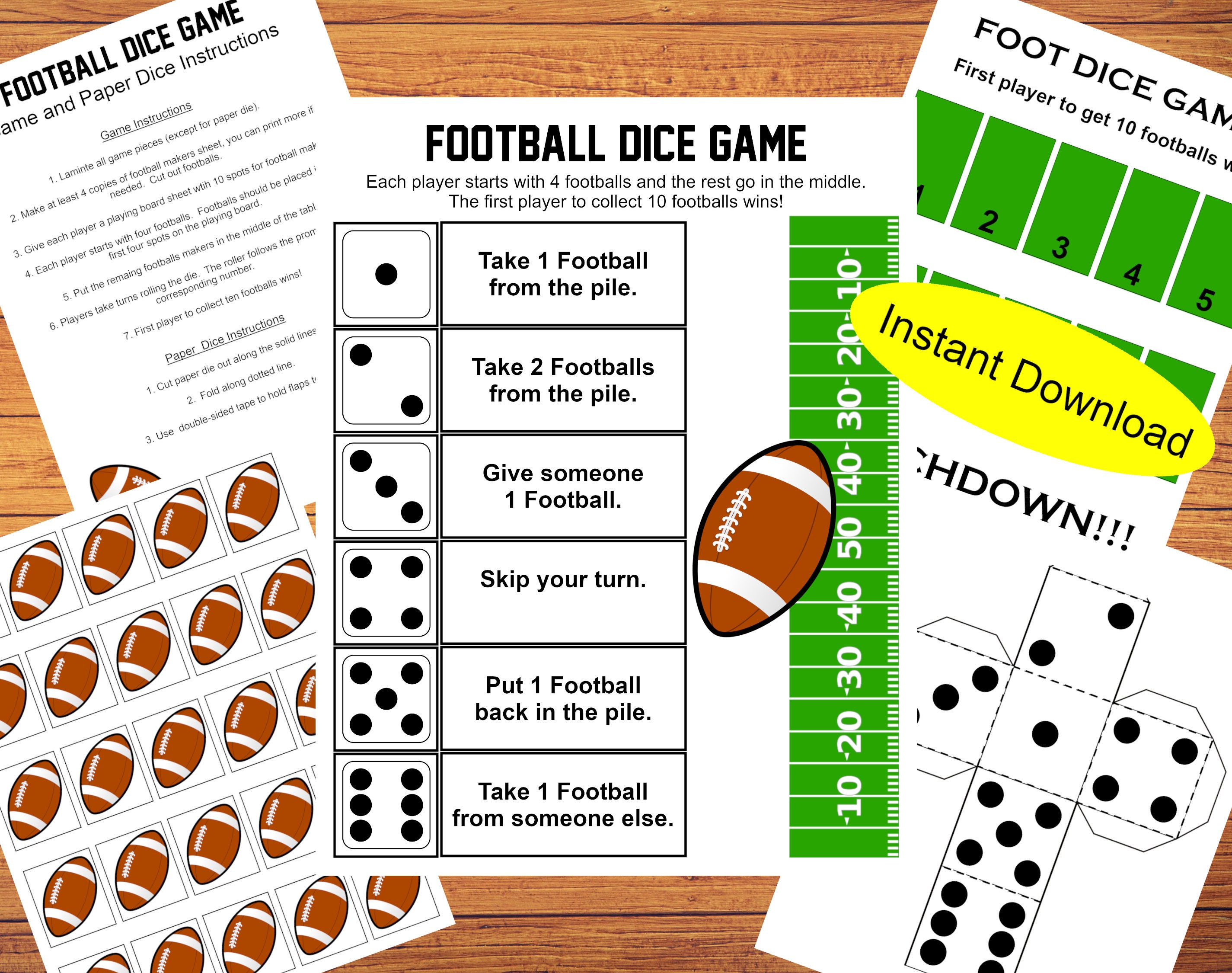 Printable Football Dice Game, Homeschool Activity, Classroom Game ...