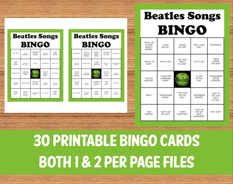 Beatles Songs Bingo, 30 Unique Printable Cards, 1 Card per Page & 2 ...