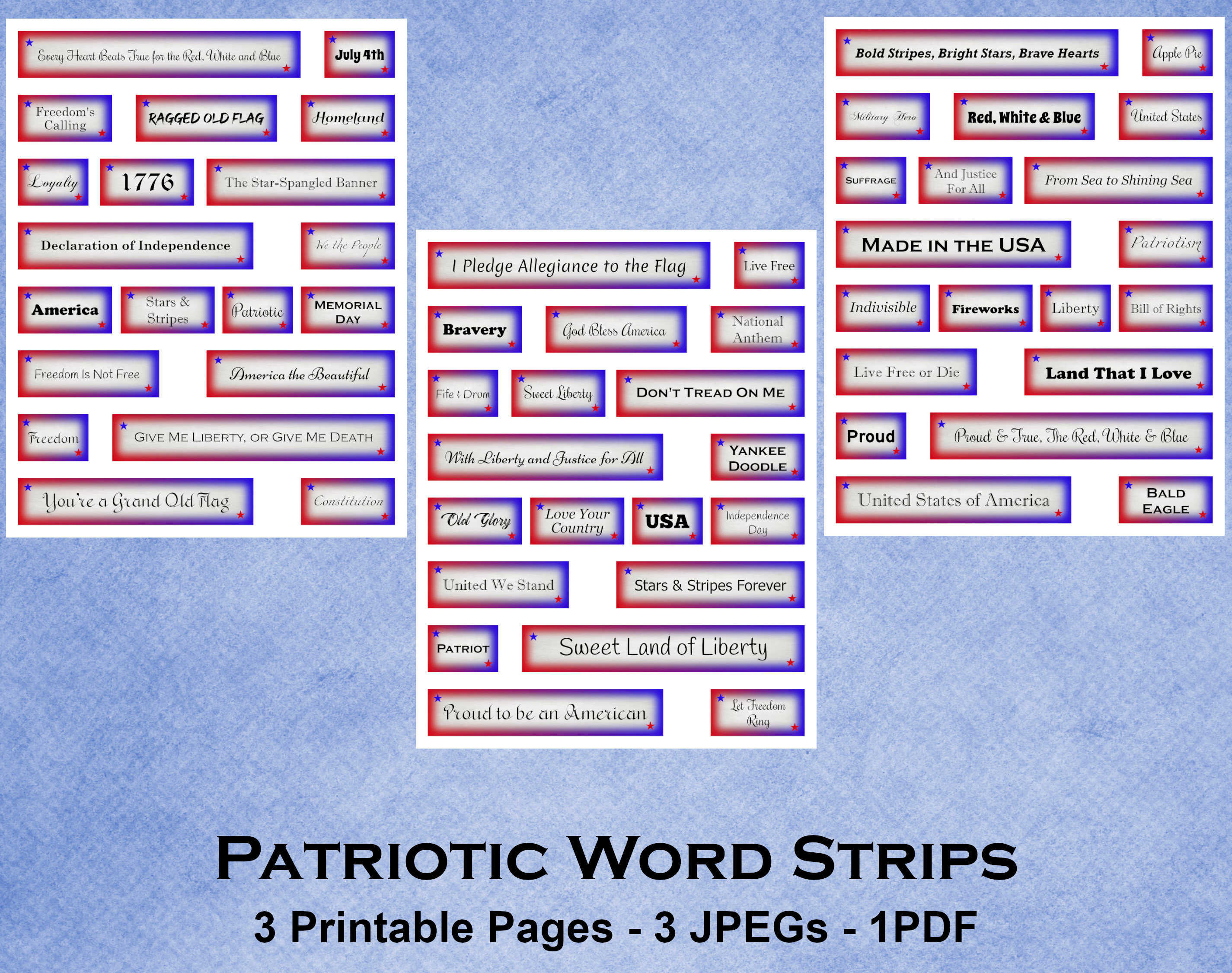 Patriotic Words and Phrases, 4th of July Word Strip Collage Sheets ...