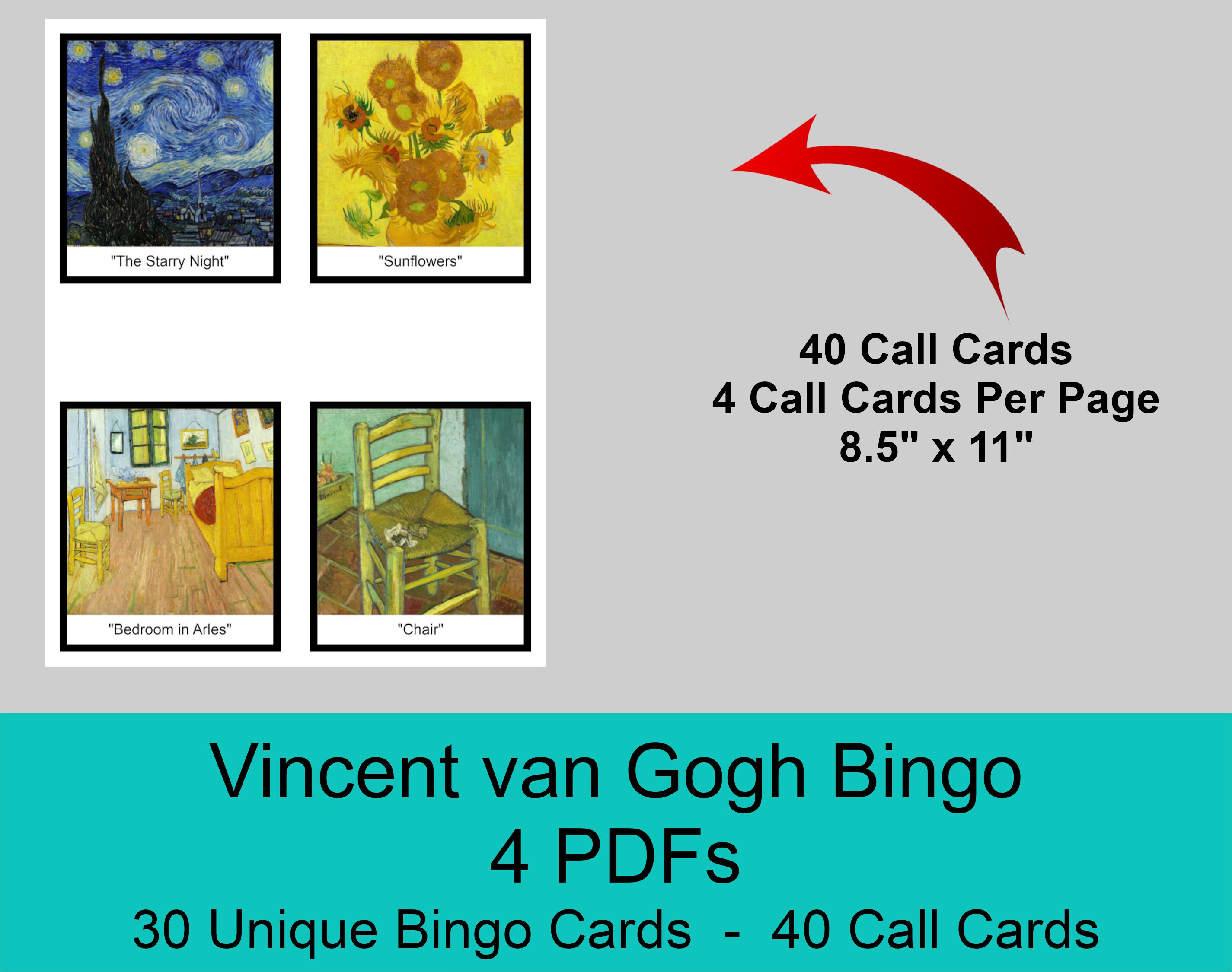 Printable Vincent Van Gogh Bingo Cards, 30 Unique Printable Cards, 1 ...