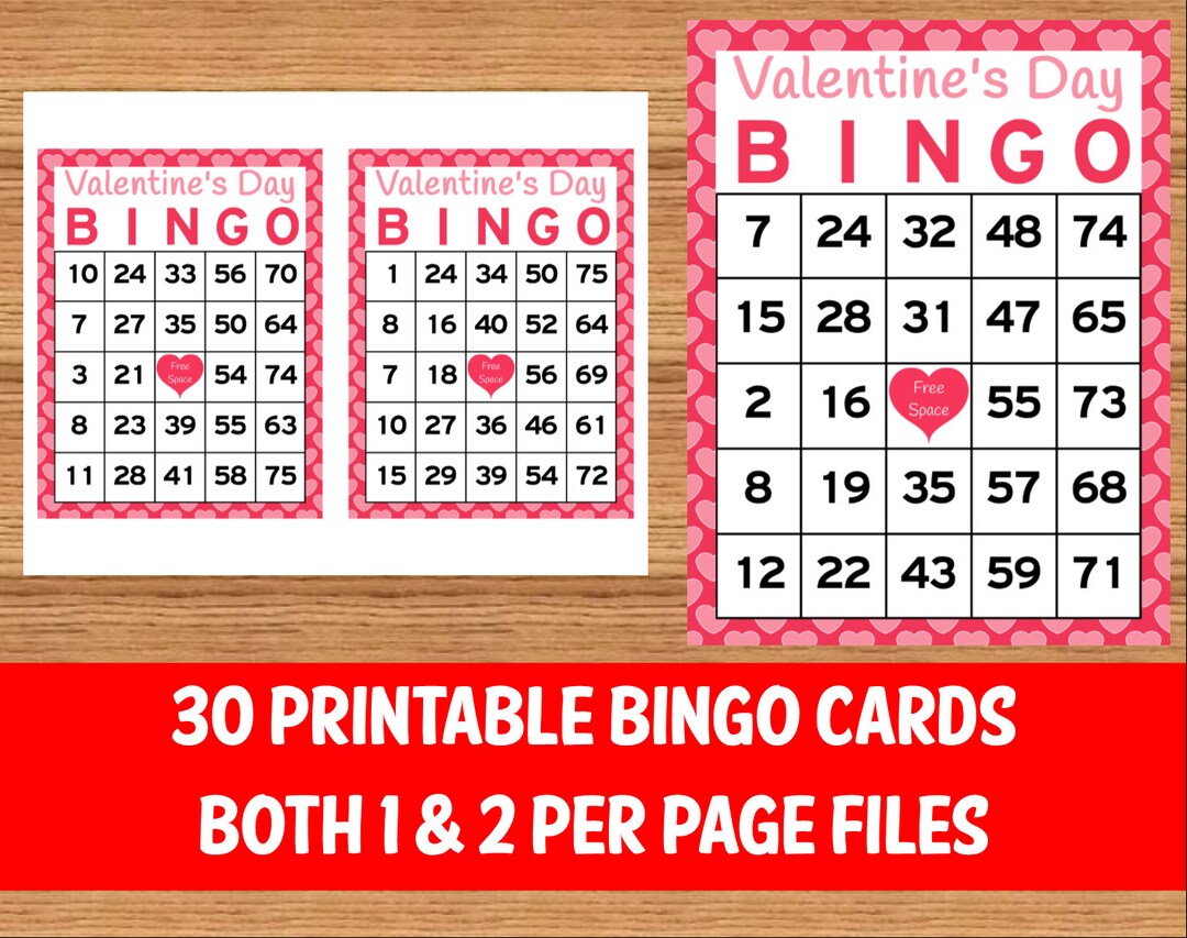 Valentine’s Day Bingo Cards, 30 Unique Printable Cards, 1 Card per Page ...