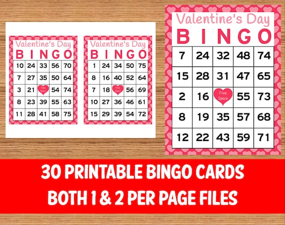 Valentines Day Bingo Cards 30 Unique Printable Cards 1 Card | Etsy