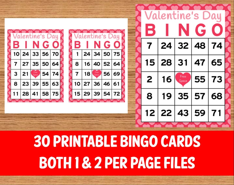 Valentines Day Bingo Cards, 30 Unique Printable Cards, 1 Card per Page ...
