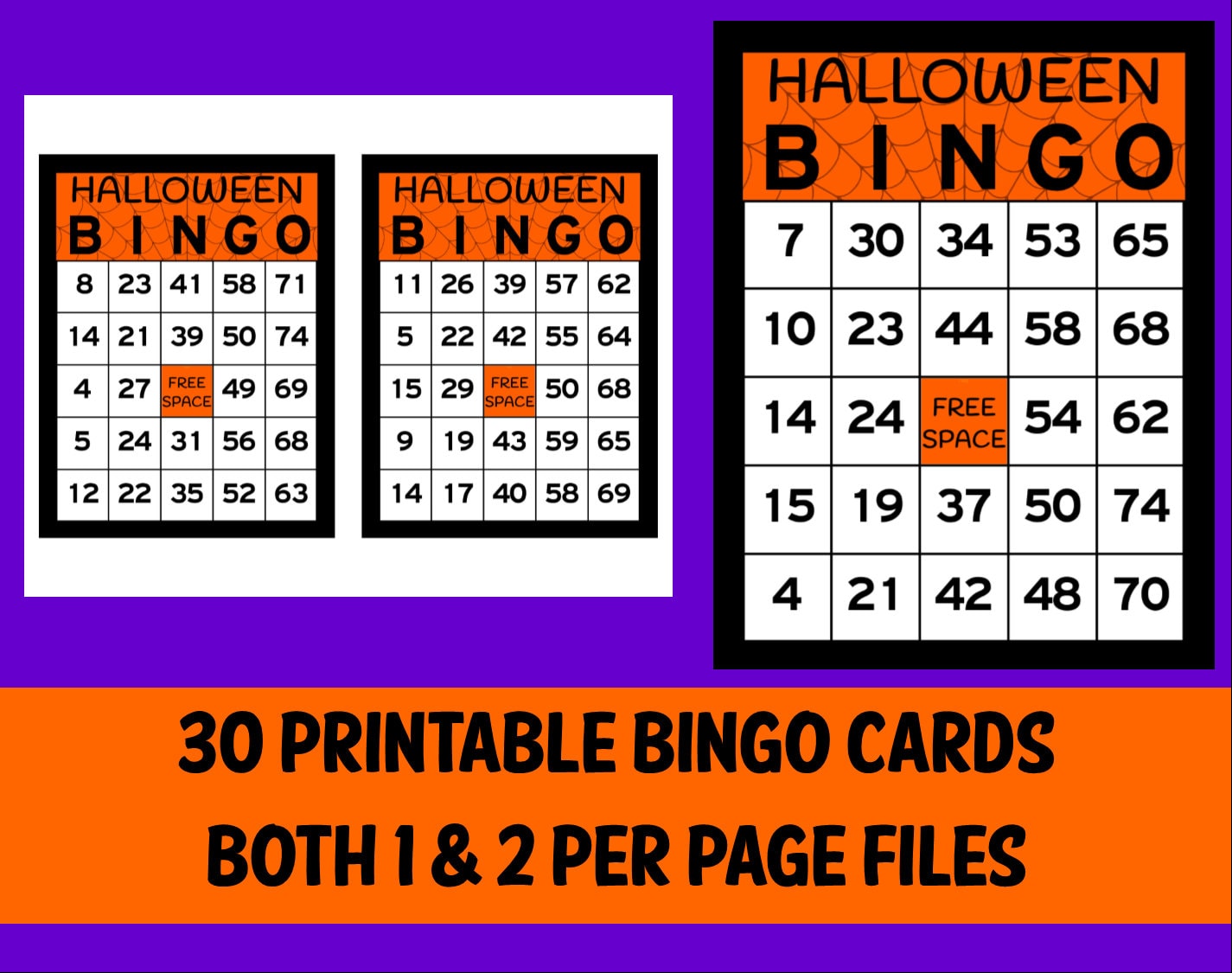 Halloween Bingo Cards, 30 Unique Printable Cards, 1 Card per Page & 2 ...