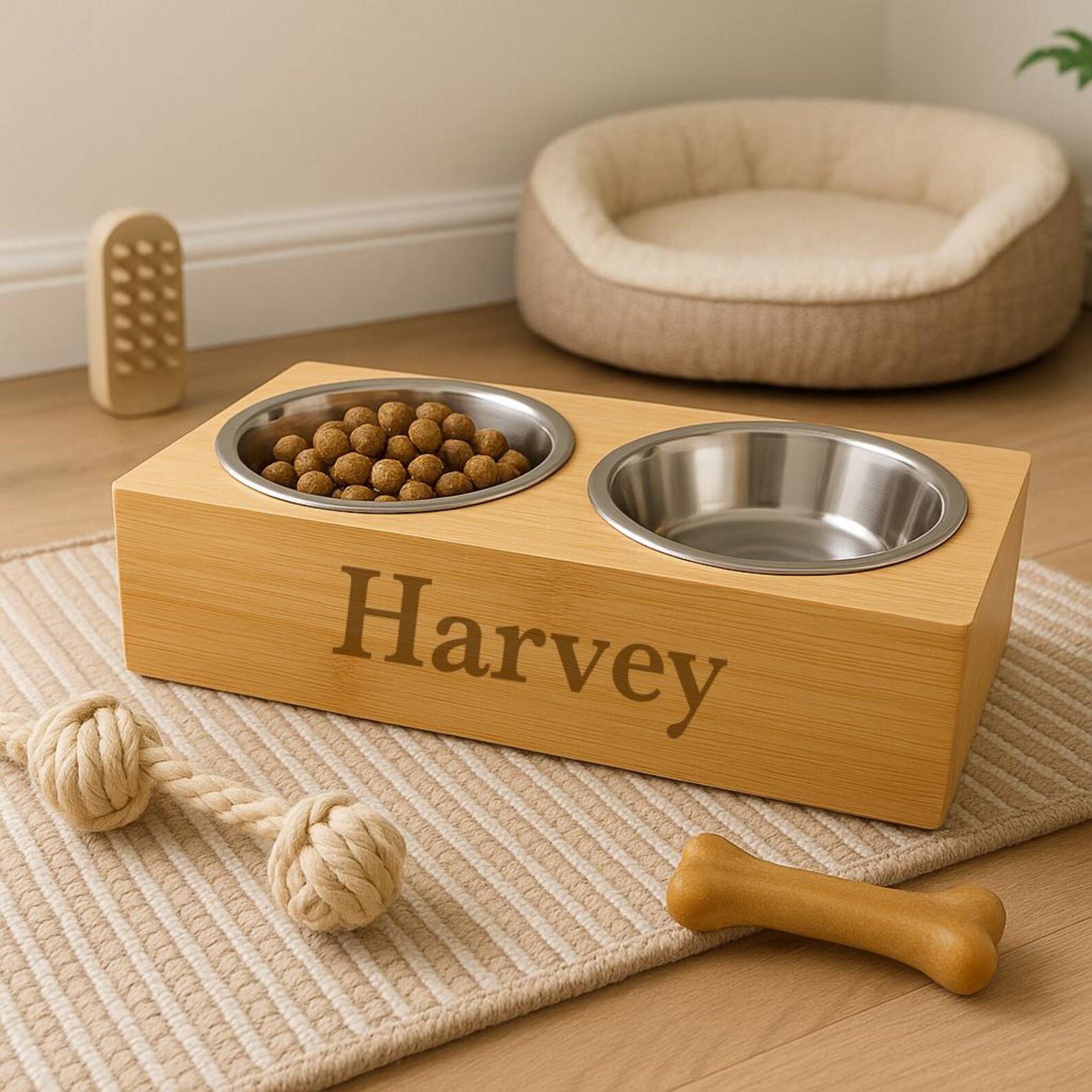 Personalised Dog Double Feeding Bowl Bamboo Wooden Stand Stainless ...
