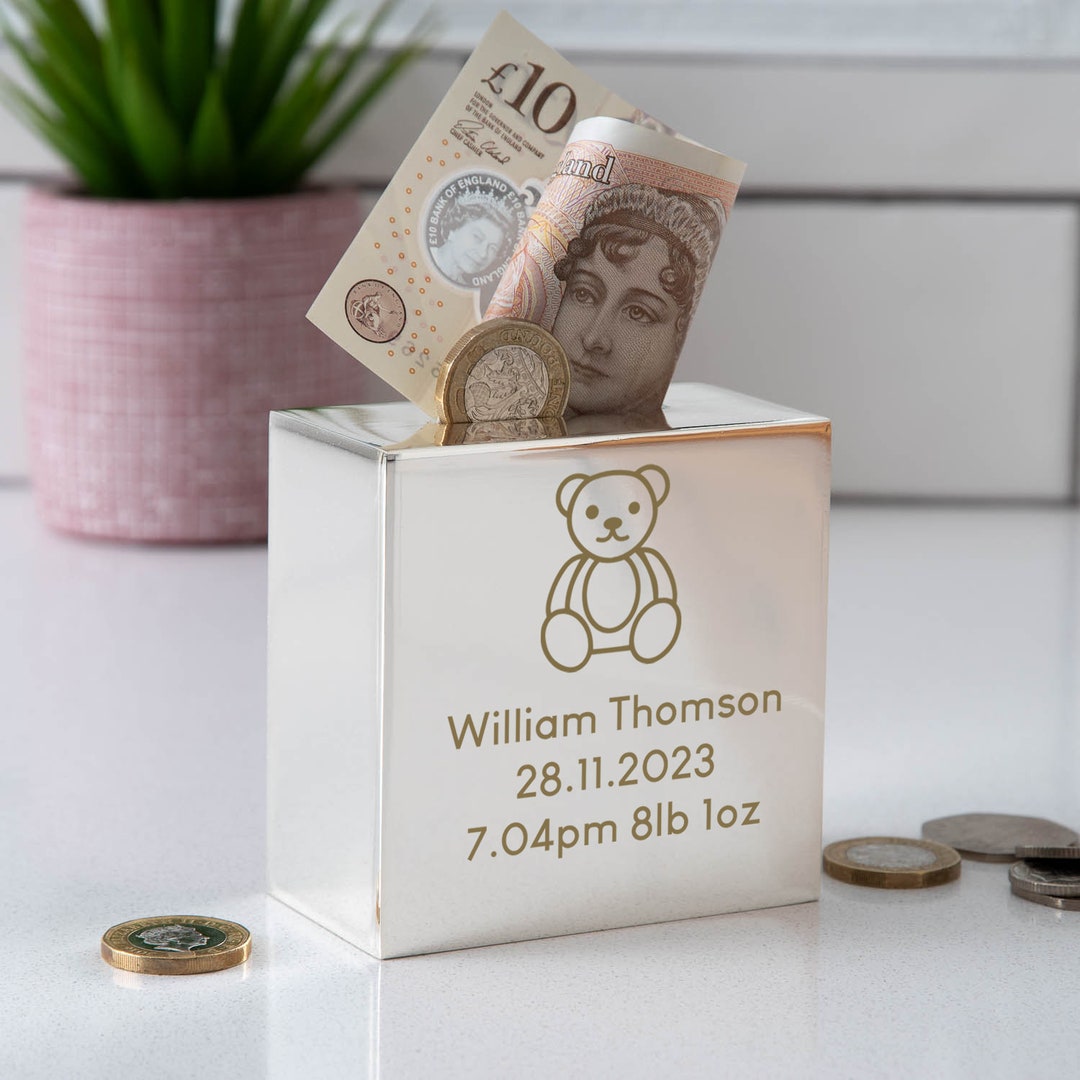 Personalised Teddy Bear Square Money Box Gifts Ideas for New Born Baby ...