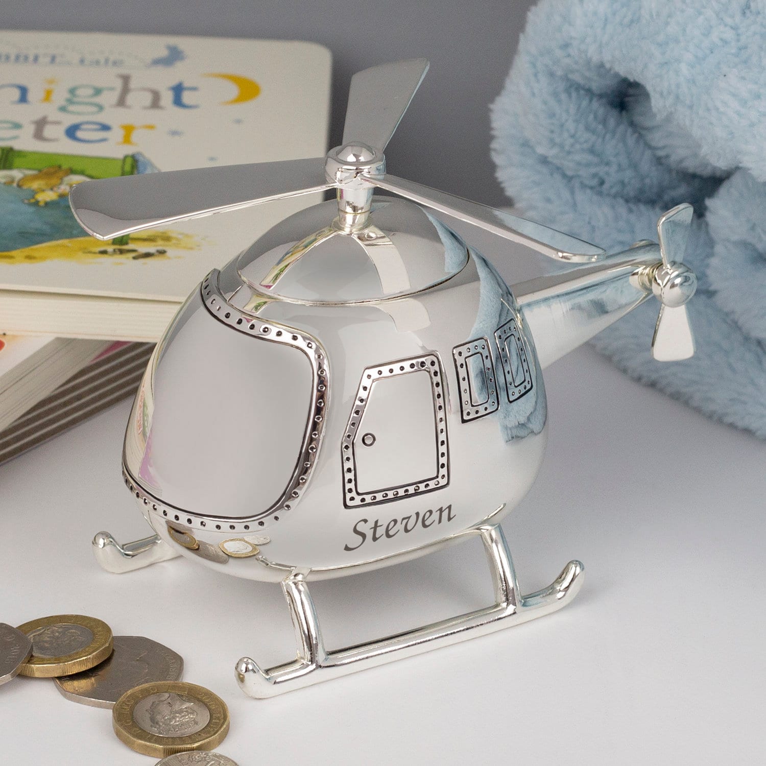 Personalised Silver Helicopter Piggy Money Box for Boys - Etsy UK