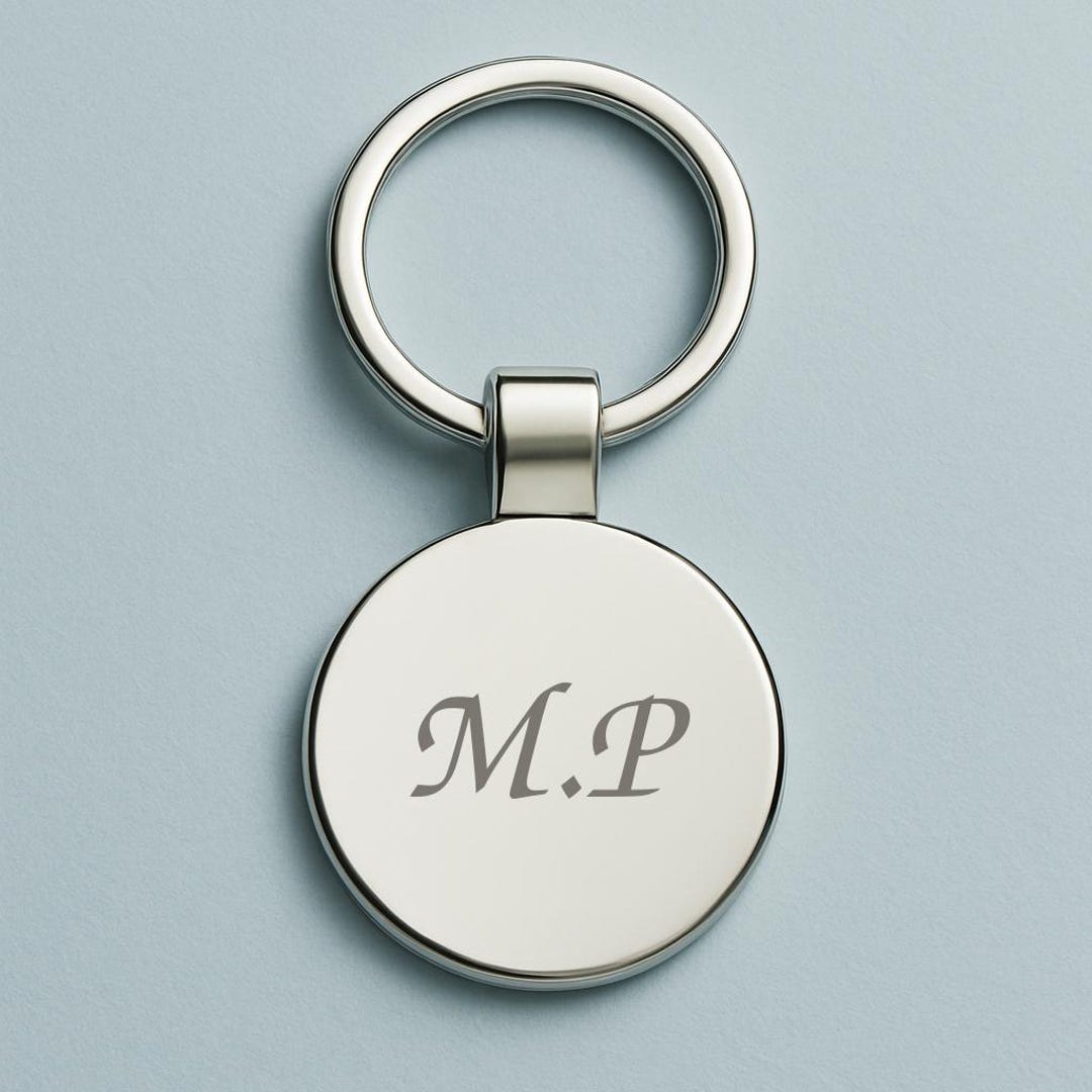 Personalised Initials Round Circle Silver Keyring Laser Engraved Custom ...