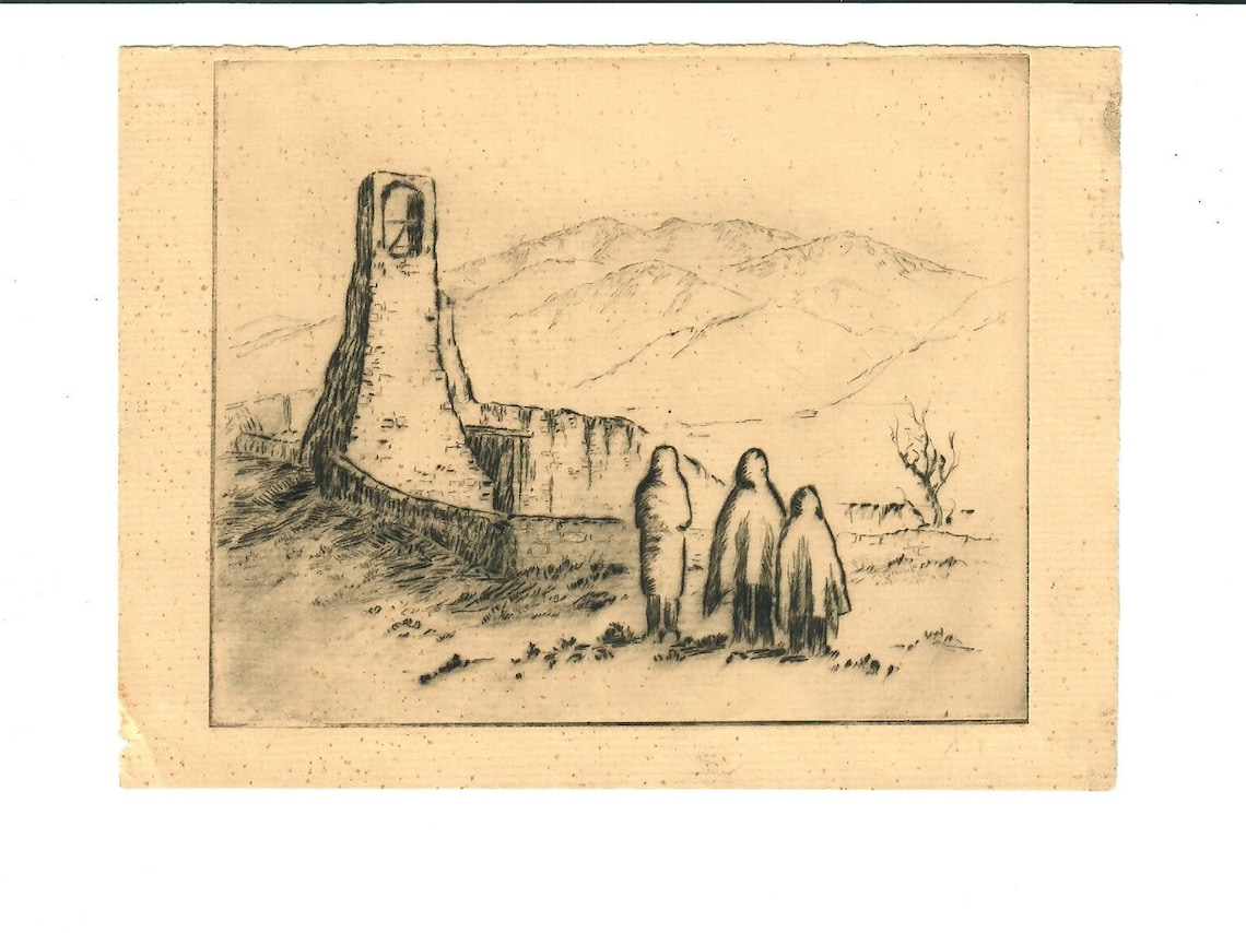 Antique Original Artist Drawing Print Pueblo Village 100 - Etsy